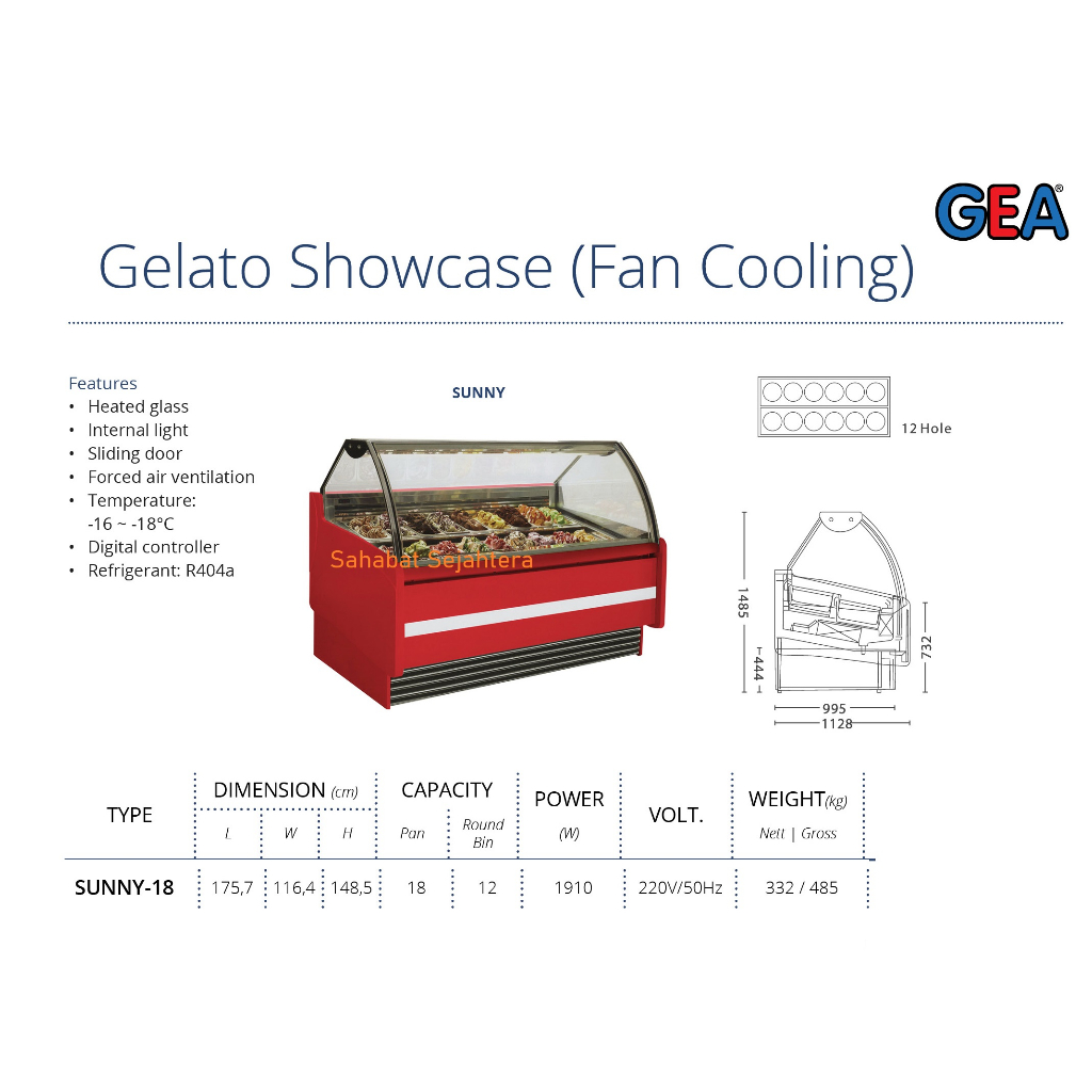 Jual GEA Gelato Showcase (Fan Cooling) SUNNY-18 HOLE Freezer Eskrim ...
