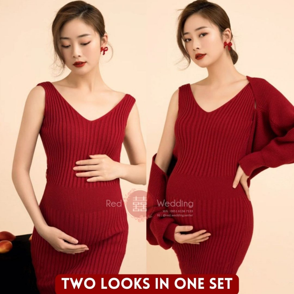 Jual Gaun Maternity Dress Gown Merah Maroon Knit Photoshoot Baju Hamil ...