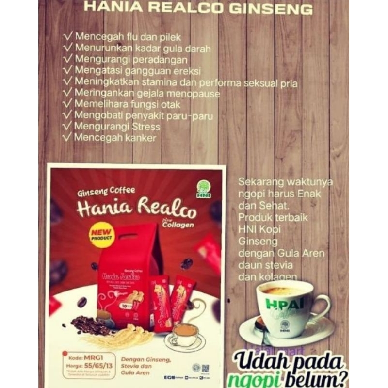 Jual KOPI HANIA REALCO GINSENG + KOLAGEN DAN GULA AREN HNI ORI BPOM | Shopee Indonesia
