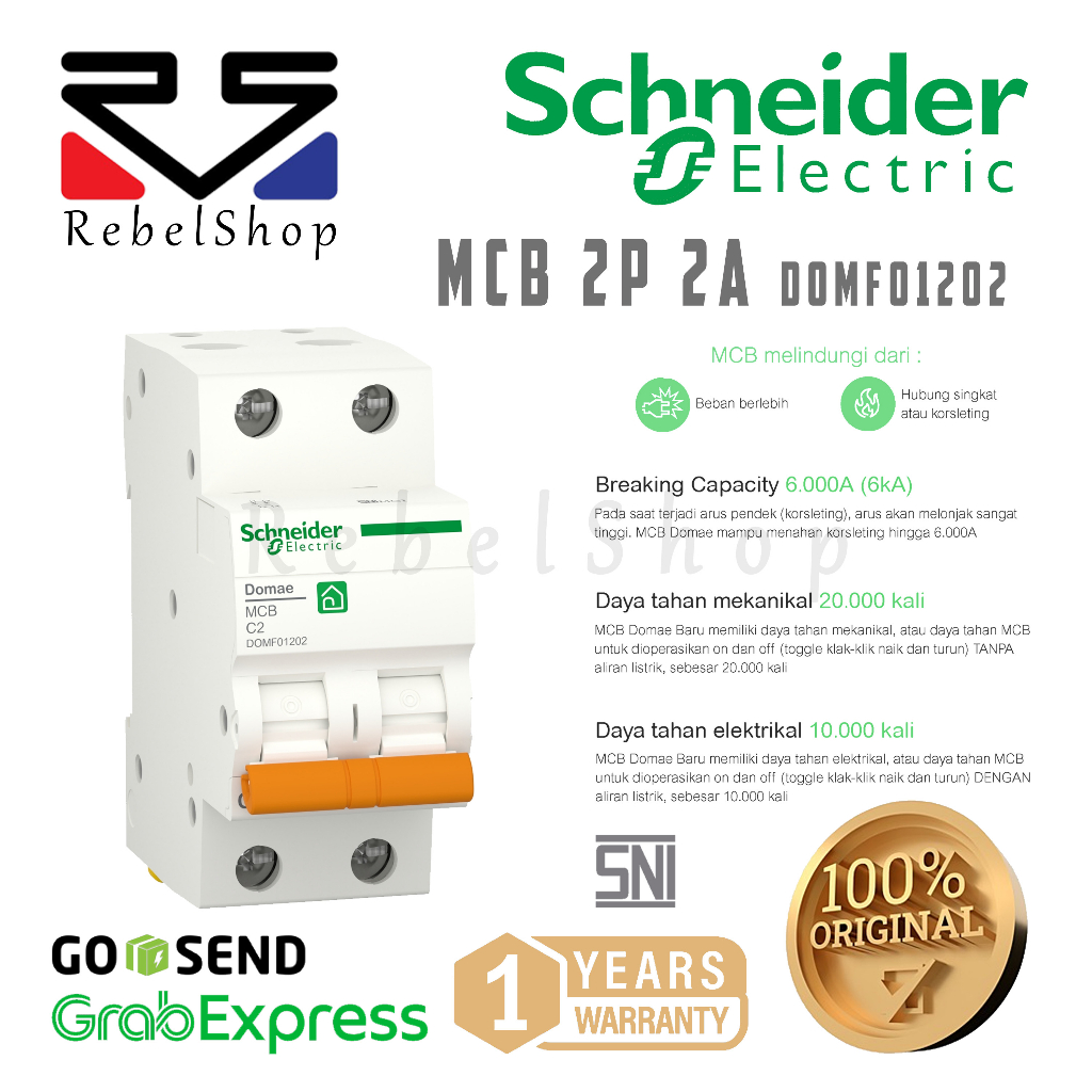 Jual Schneider MCB New Domae 2P 2A 6kA SNI - 2 Phase 2 Ampere DOMF01202 ...