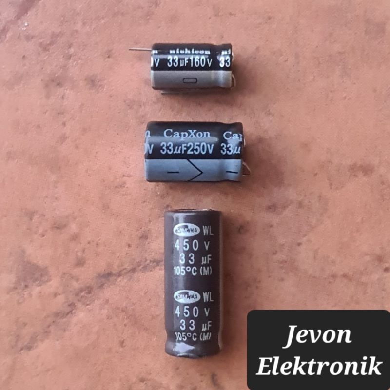 Jual Capasitor Elco 33 uf 100 160 250 400 450 v volt kapasitor elko 33uf 100v 160v 250v 400v ...