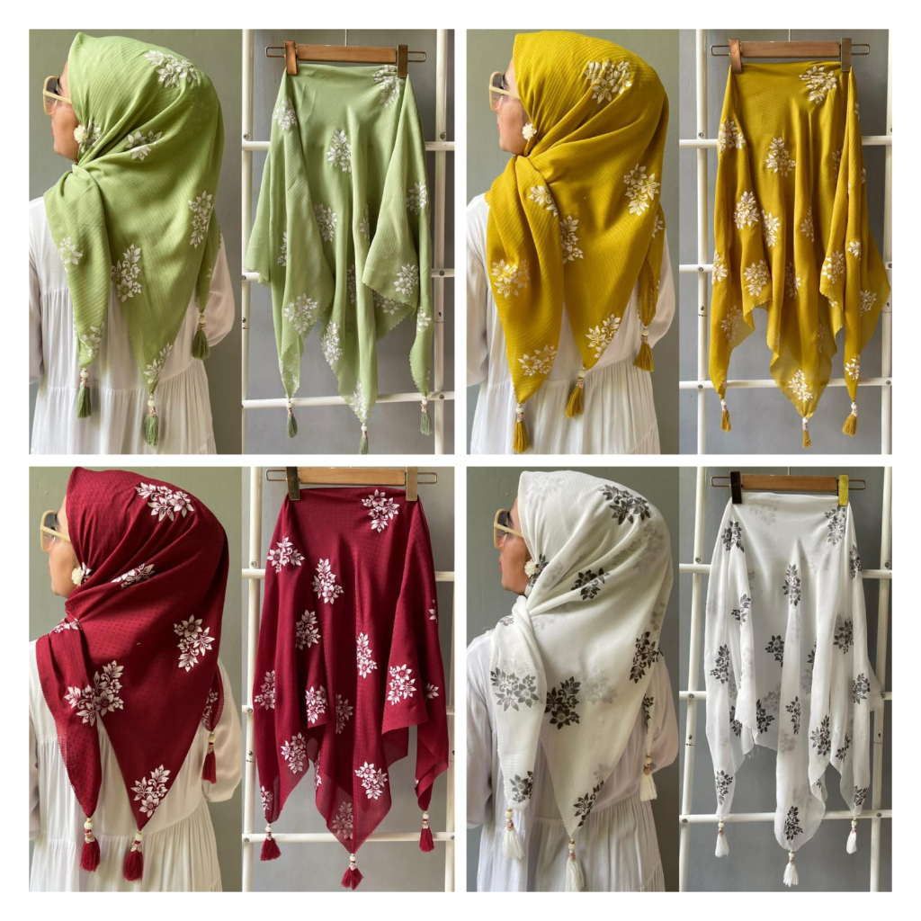 Jual Hijab segi empat jambul tassel mutiara motif bunga ukir potton ...