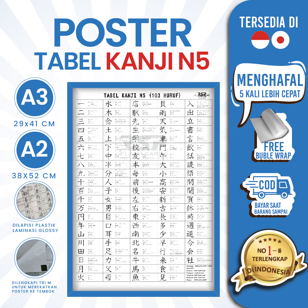 Jual POSTER TABEL KANJI N5 UKURAN A3 A2 FULL LAMINASI ANTI AIR BAHASA JEPANG KOTOBA | Shopee ...