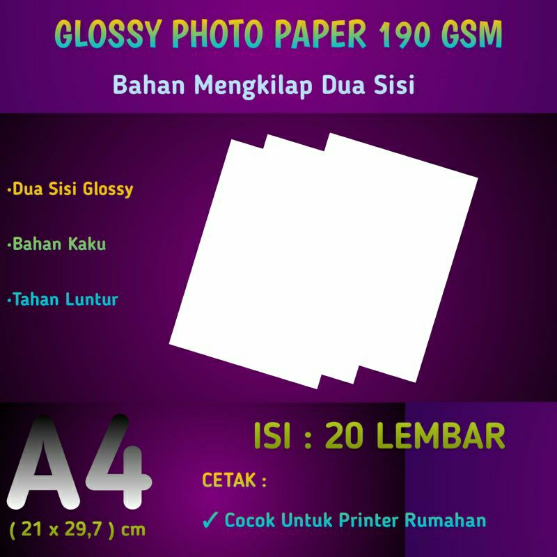 Jual Kertas Foto Double side 190 gsm A4 isi 20 Lembar / Glossy Photo ...