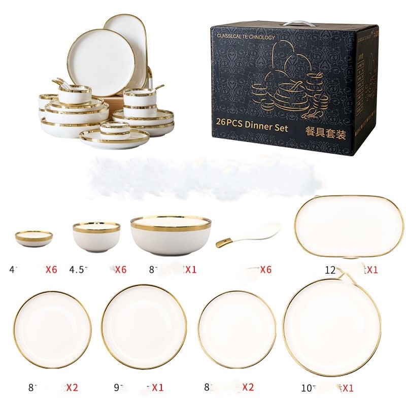 Jual ASHOME Piring Set 6 Orang Keramik List Gold Elegan Lengkap 26 Pcs ...