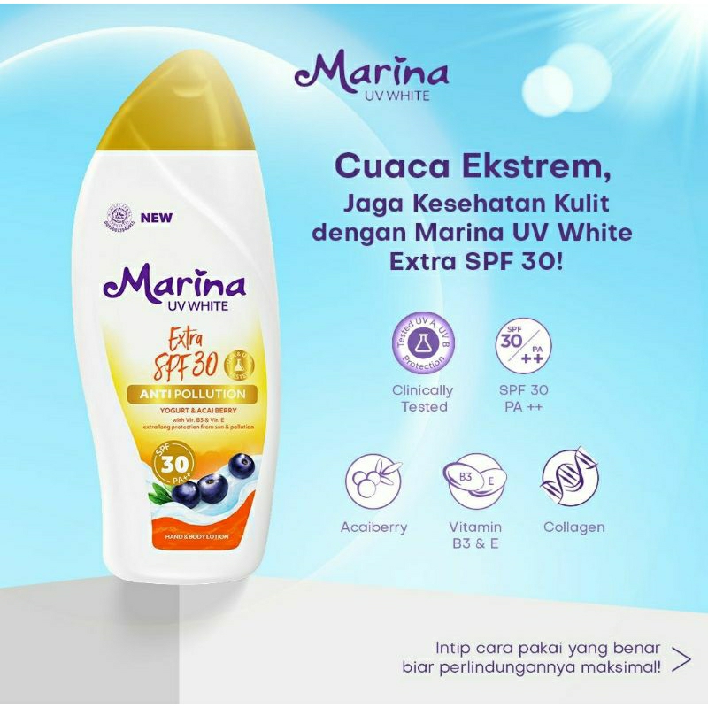 Jual Marina HBL Hand body Lotion UV White Extra Spf 30 | Shopee Indonesia