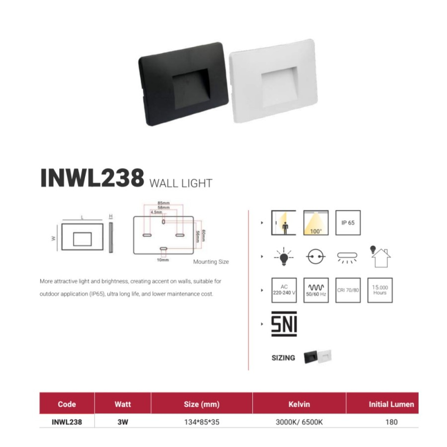 Jual Lampu Dinding Wall Light 3 Watt INWL 238 Inlite model Tanam/inbow ...
