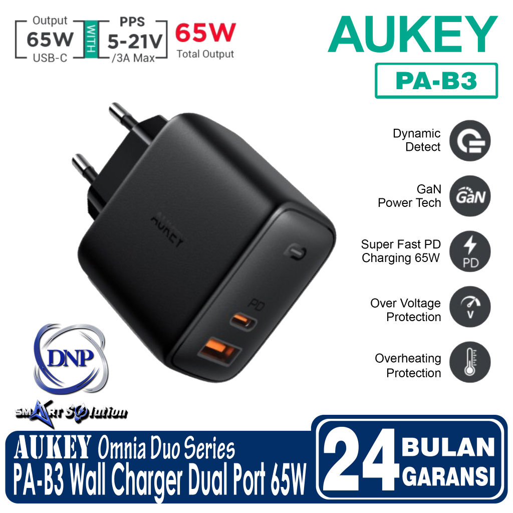 Jual AUKEY Charger PA-B3 OMNIA Mix GaN 65W Dual Port USB A & Type C PD ...