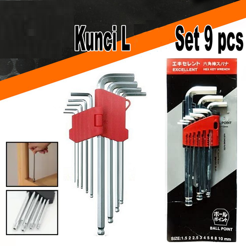 Jual Kunci L Hex Key Panjang Set 9 Pcs 1,5-10 mm Kunci L Long ball ...