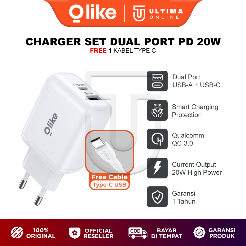 Jual OLIKE Adaptor Charger HP Dual Port USB-C USB-A Fast Charging 20W ...