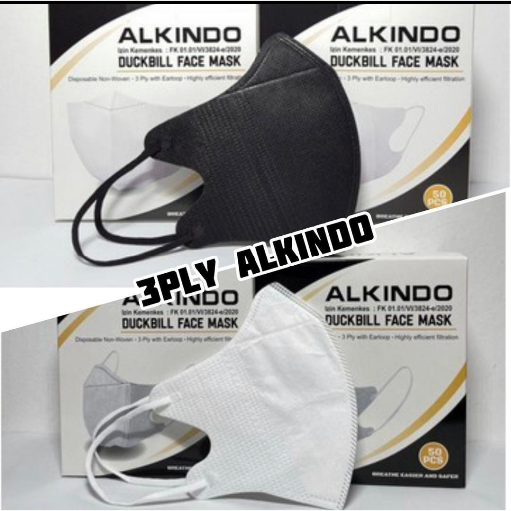 Jual Masker Duckbill Alkindo 3 ply Warna Hitam dan Putih Earloop Isi 50 ...