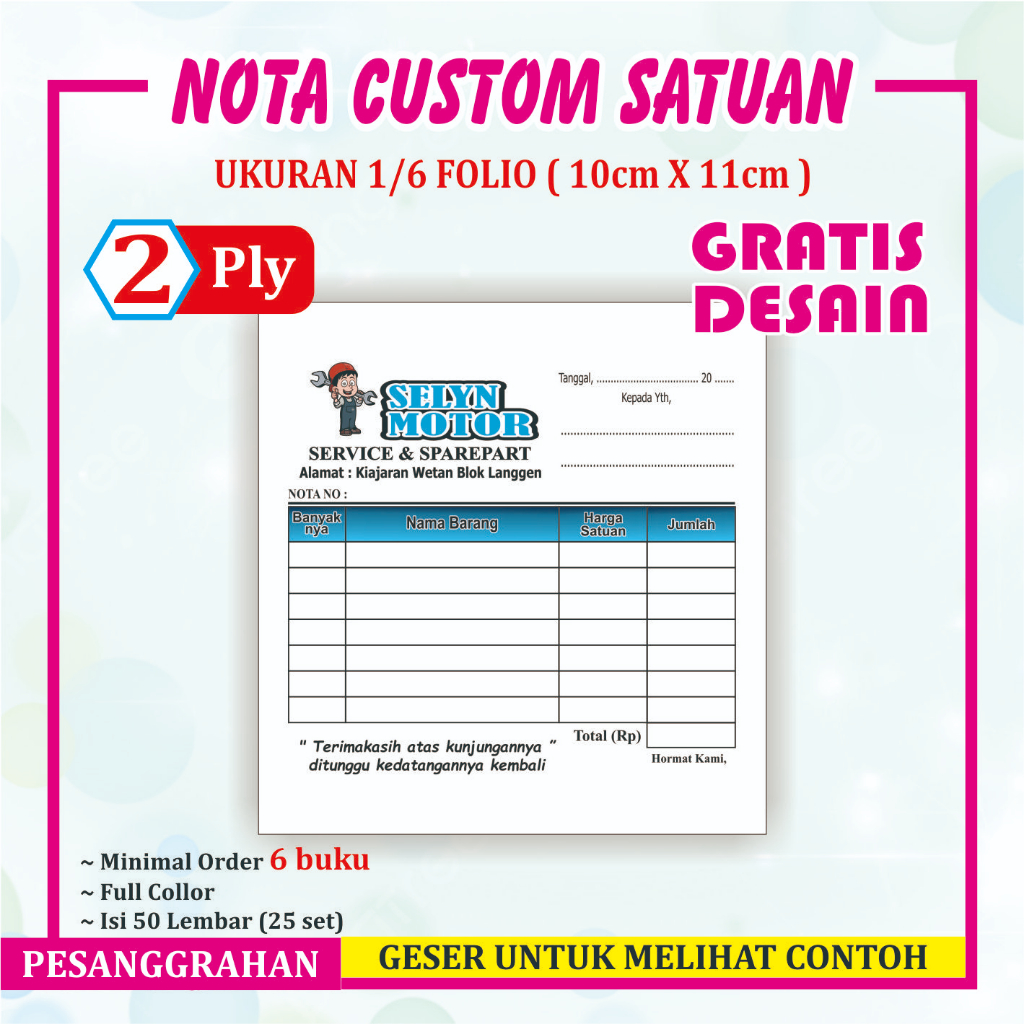 Jual Cetak Nota Custom 2 ply kecil 1/6 isi 25 set (50lembar), Nota ...