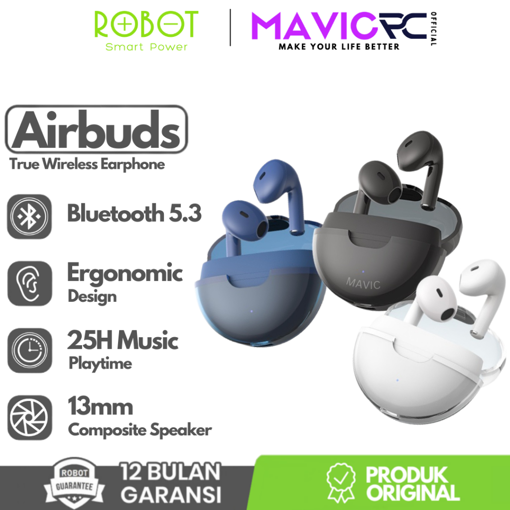 Jual ROBOT Flybuds T20 TWS True Wireless Earphone Headset Bluetooth 5.3 ...