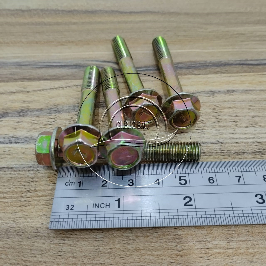 Jual BAUT TOPI M8X55 KUNING FLANGE BOLT M8 X 55 KUNCI 12 PANJANG 55,5 ...