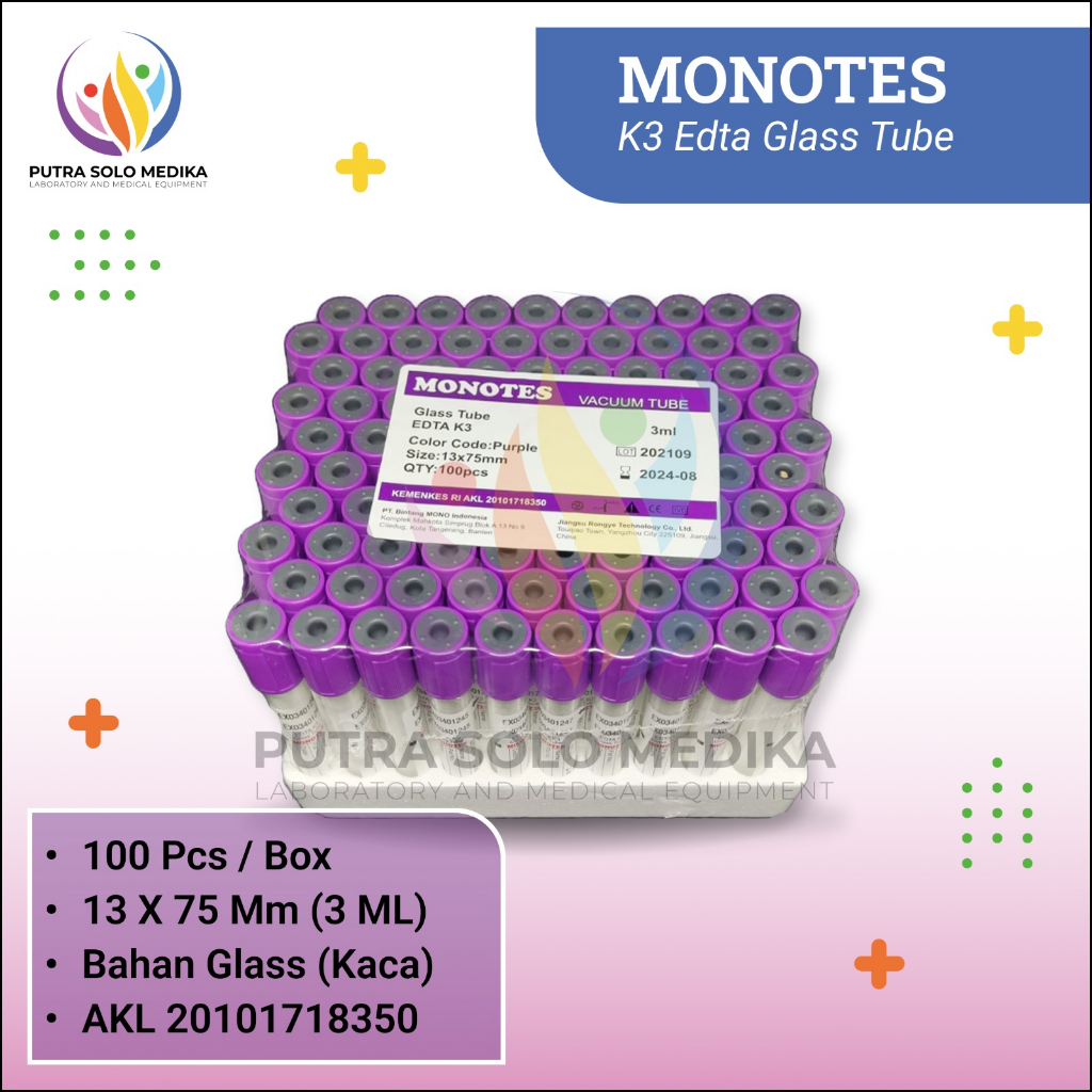 Jual TABUNG VACUM TUBE K3 EDTA 3 ML GLASS | MONOTES (100'S/BOX ...