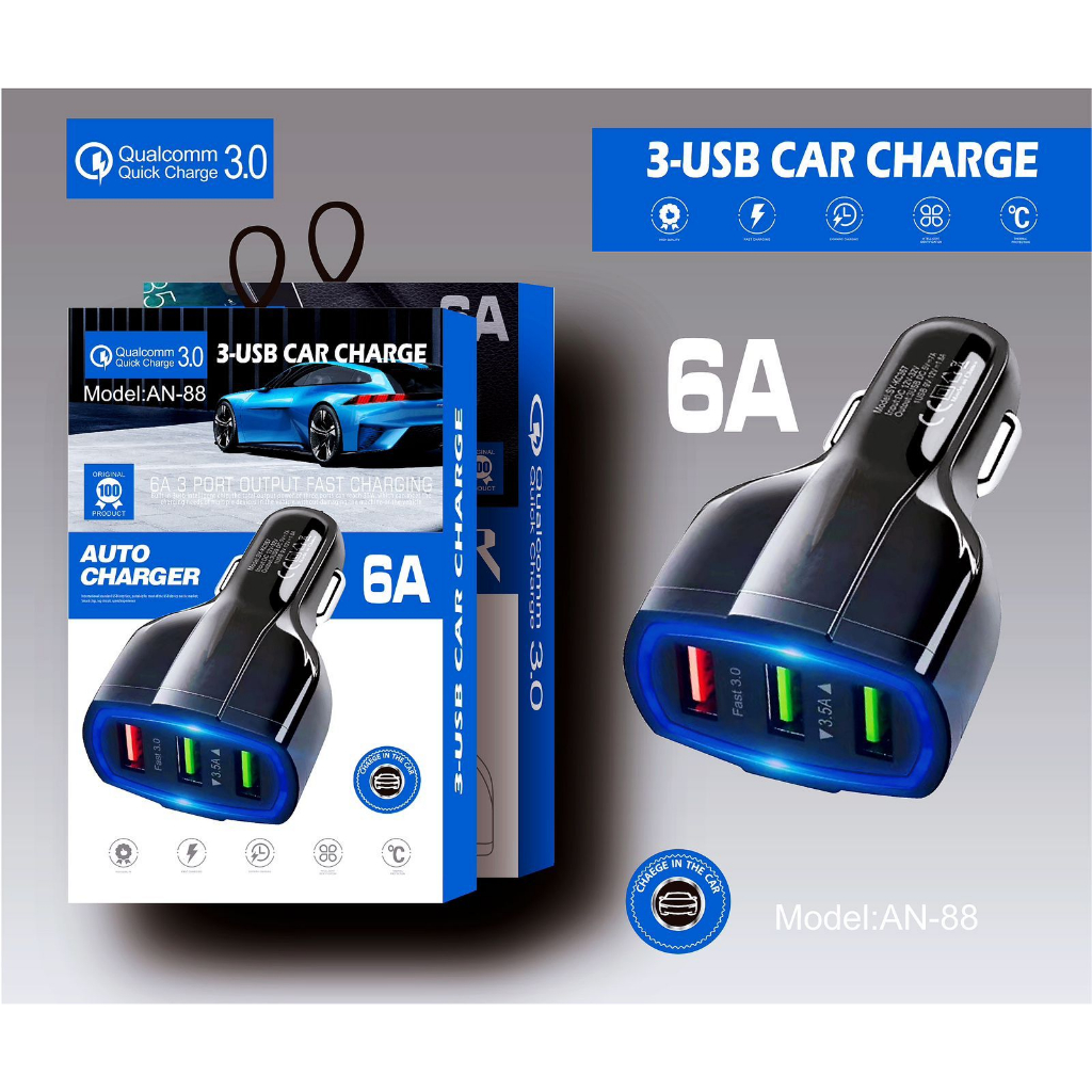 Jual Adaptor Car Charger Fast Charger 3 Port USB AN-88 QC 3.0 6A ...