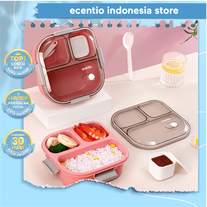 Jual ecentio Kotak Makan 3 Grid 1100ml Anti Tumpah Kotak Bekal Kotak Sup 100ml Free Sendok Lunch ...