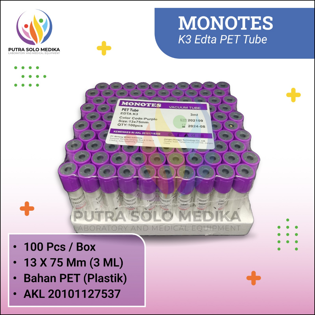 Jual TABUNG VACUM TUBE K3 EDTA 3 ML PET/PLASTIK | MONOTES (100'S/BOX ...