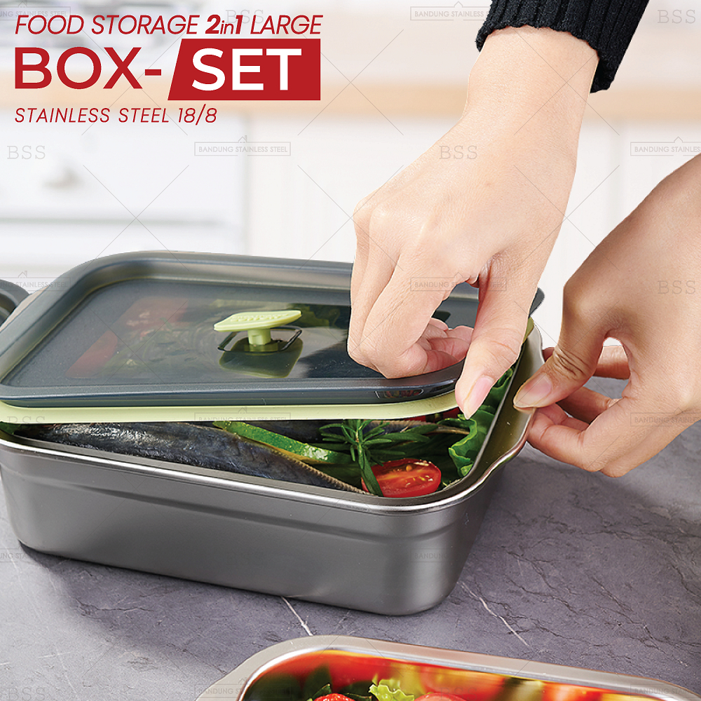 Jual 2in1 Food Storage 1500ml 1900ml stainless Wadah Makanan Set Tutup ...