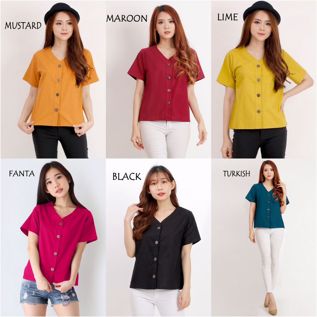 Jual Baju Atasan Wanita basic Blouse Cewek kerja kantor kancing Modern ...