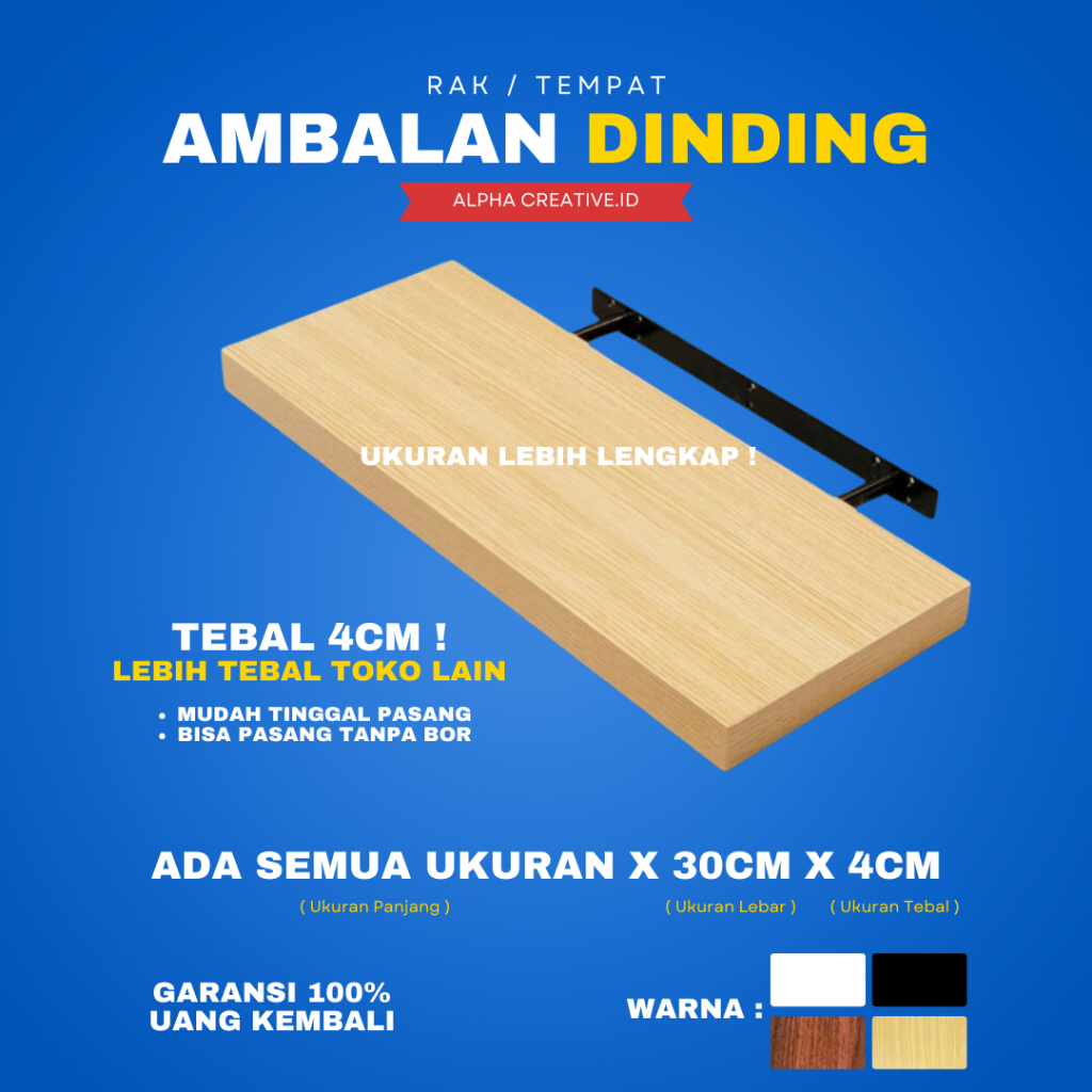 Jual Rak Ambalan Dinding Minimalis Extra Lebar 30 cm Buku Kayu Tempel ...