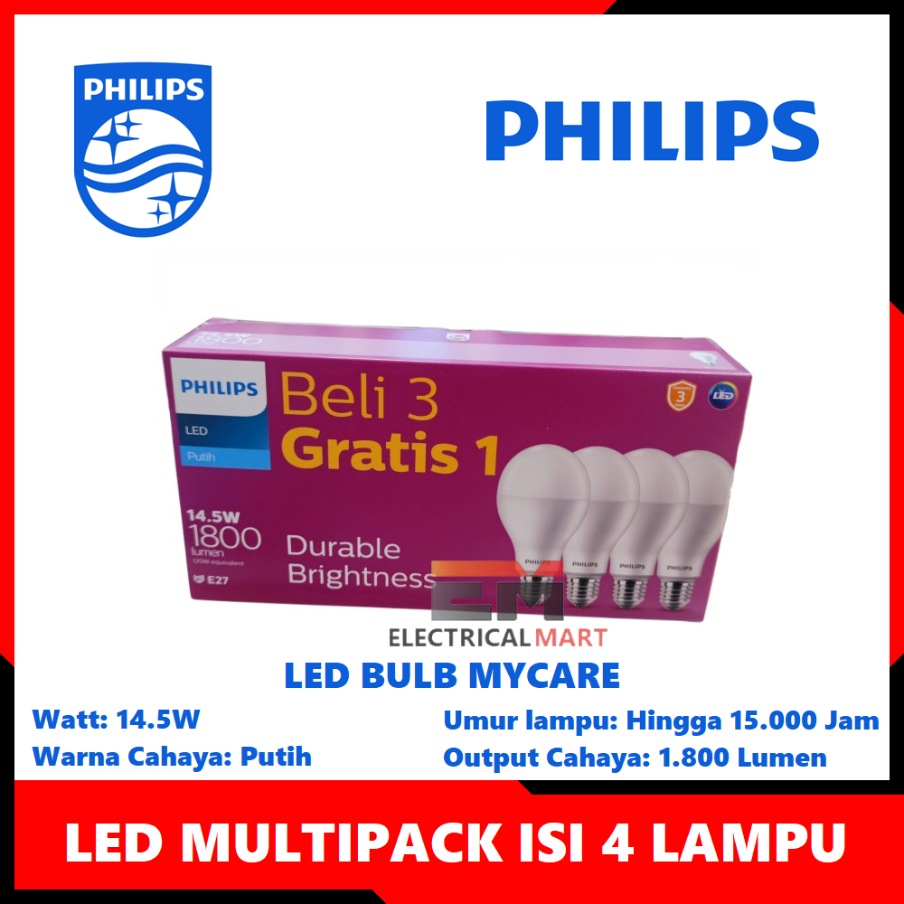 Jual (Paket 4 pcs) Lampu Bulb LED Philips MyCare Multipack 14.5W Putih ...