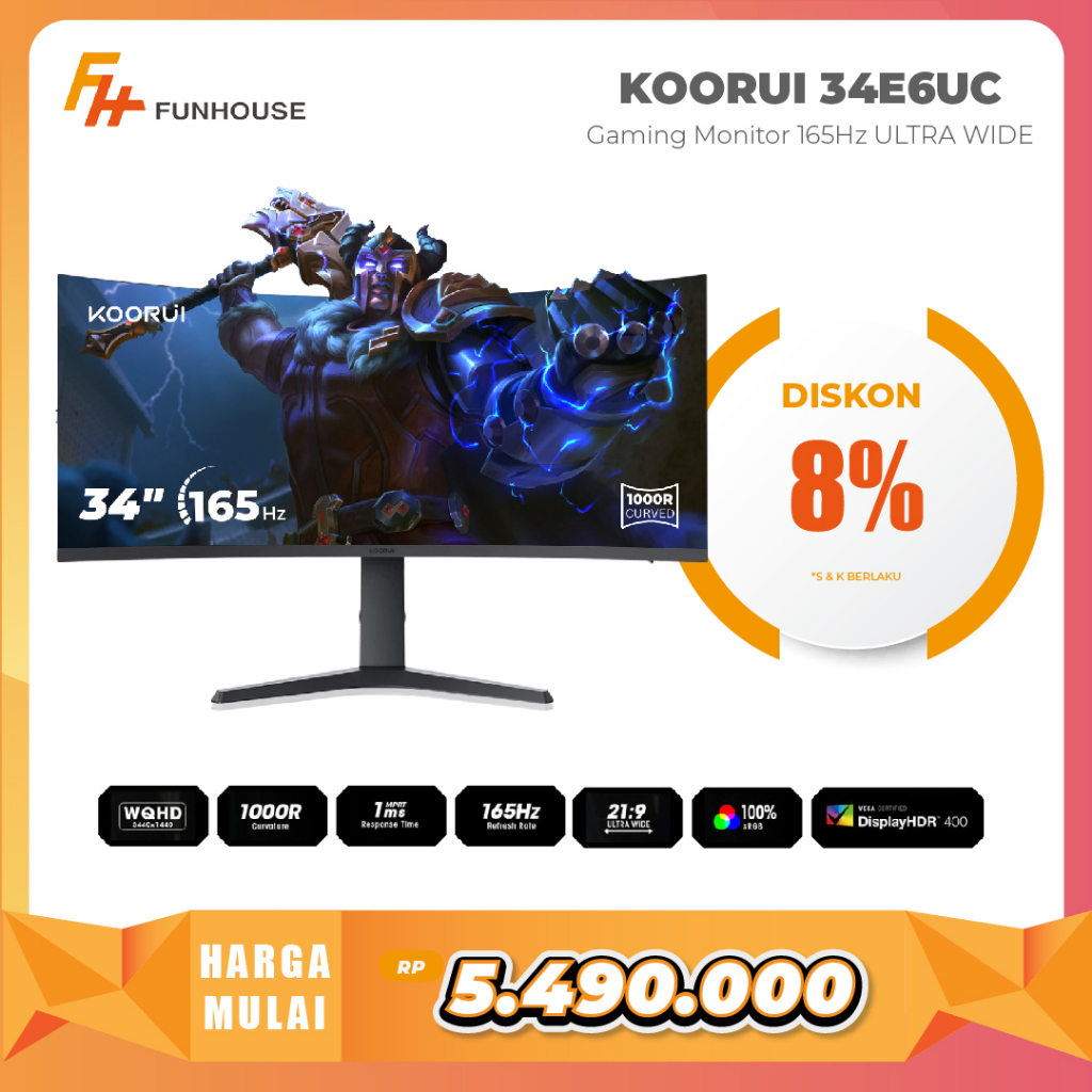 Jual KOORUI 34E6UC Curved Gaming Monitor 21:9 Ultra Wide 165Hz 1ms HDR 400 3440*1440 1000R ...