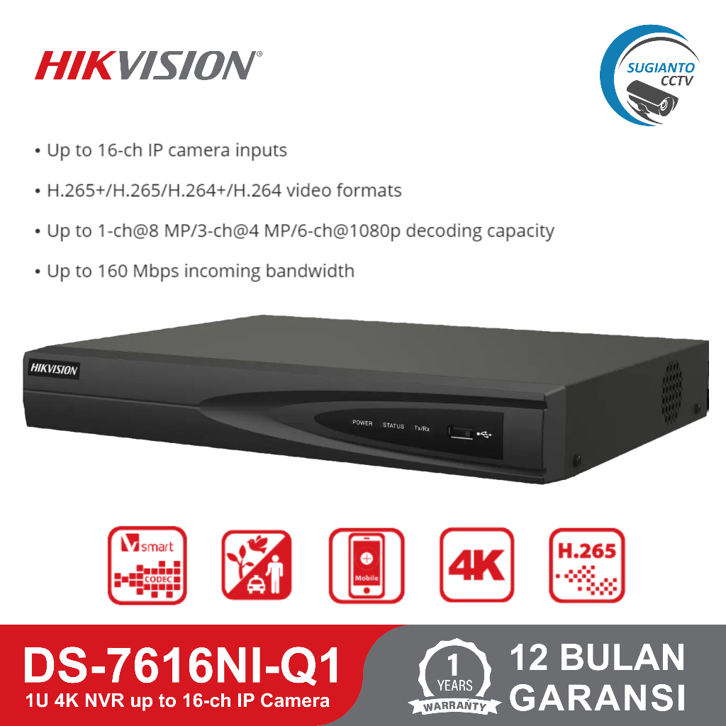 Jual NVR HikVision DS-7616NI-Q1 1U 4K NVR Up To 16-ch IP Camera Inputs | Shopee Indonesia