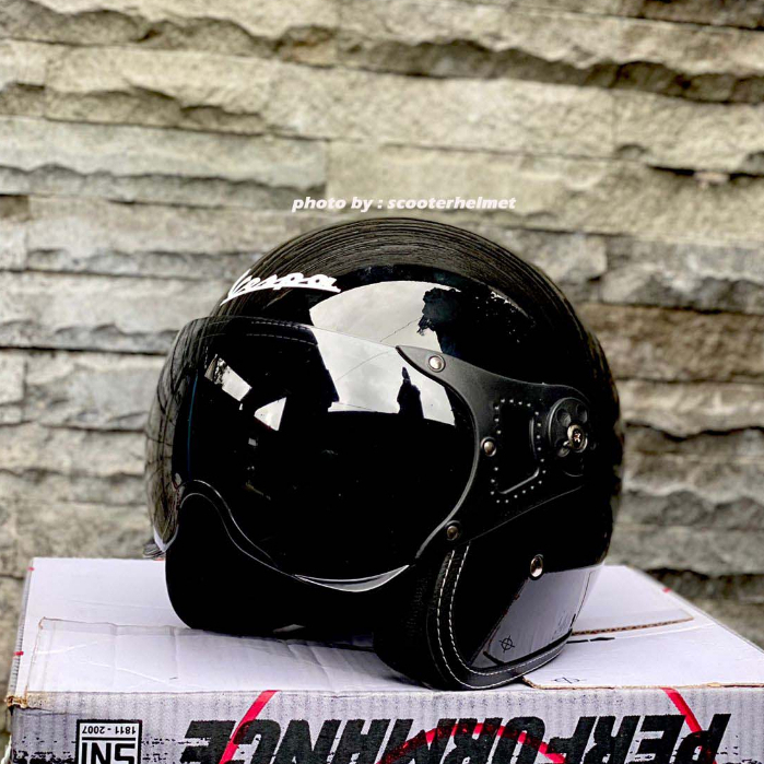 Jual Helm Vespa Vintage + Visor Italy Hitam Gloss | Shopee Indonesia