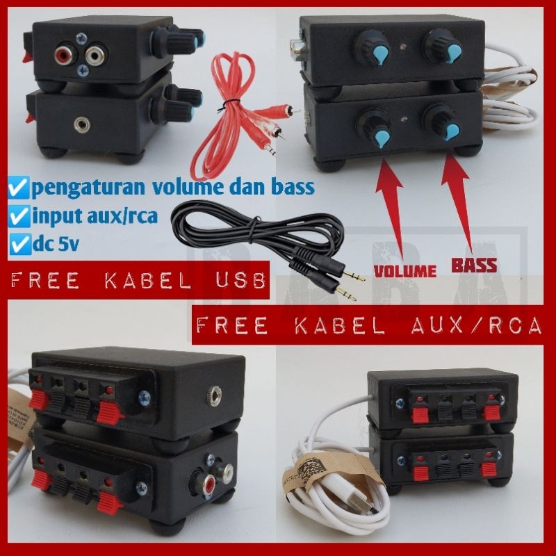 Jual amplifier mini 5v 2 Potensio VOLUME+BASS, FREE KABEL AUX/RCA ...