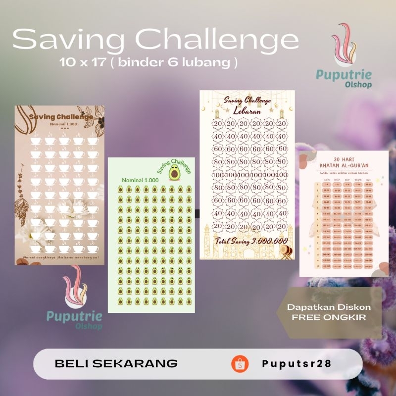 Jual Kertas Saving Challenge BAHAN TEBAL bukan hvs tipis 10x17 ukuran binder A6 dengan 6 lubang ...