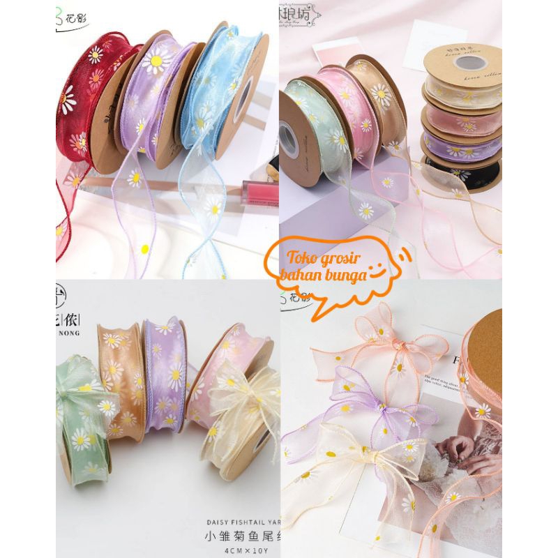 Jual 90 cm Ribbon Fisthail Organza Aster Flowers - Pita Organdi Motif ...