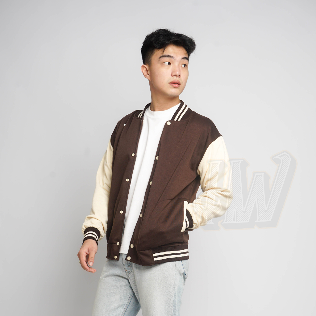 Jual Jaket Basebal Varsity Kancing Coklat Tangan Cream Polos Pria dan ...