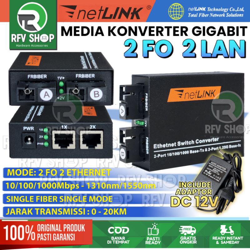 Jual Gigabit Media Converter 2 FO 4 LAN 10/100/1000M Fiber Optic Switch Netlink | Shopee Indonesia