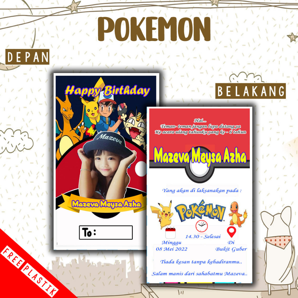 Jual Undangan Ulang tahun POKEMON ( 30 PCS / 50 PCS ) undangan ulang ...