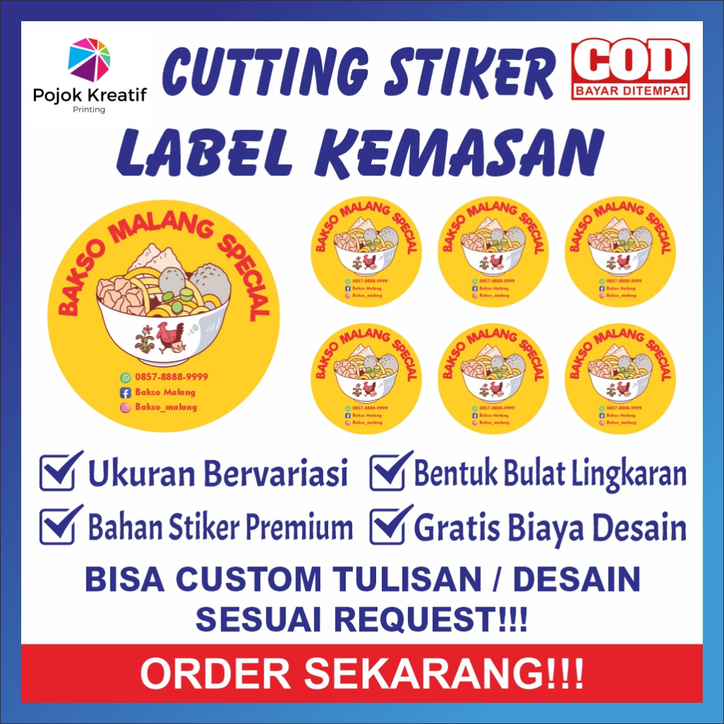 Jual Cetak Cutting Stiker Label Kemasan Makanan Bakso A10 Pink Merah ...