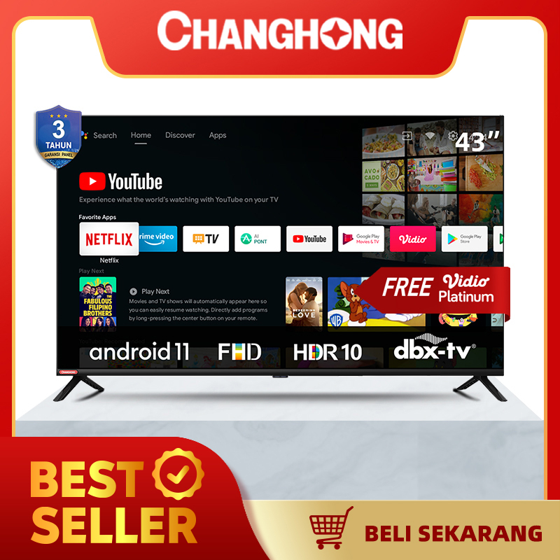 Jual Changhong 43 Inch Newest Android 11 Frameless Smart TV Digital LED TV FHD -Netflix-Youtube ...