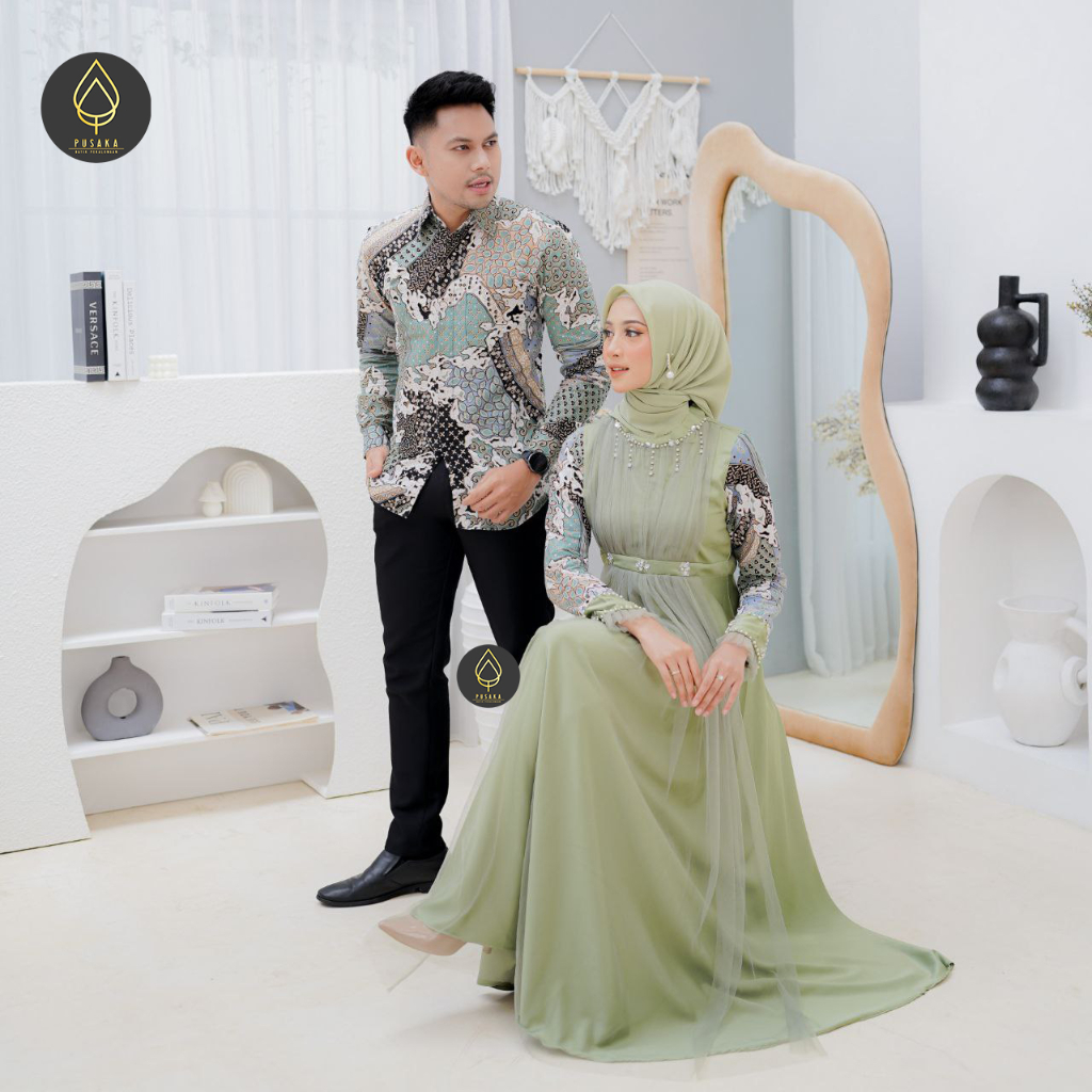Jual Gamis Batik Couple Cantika Hijau Sage Gamis Tunangan Kondangan ...
