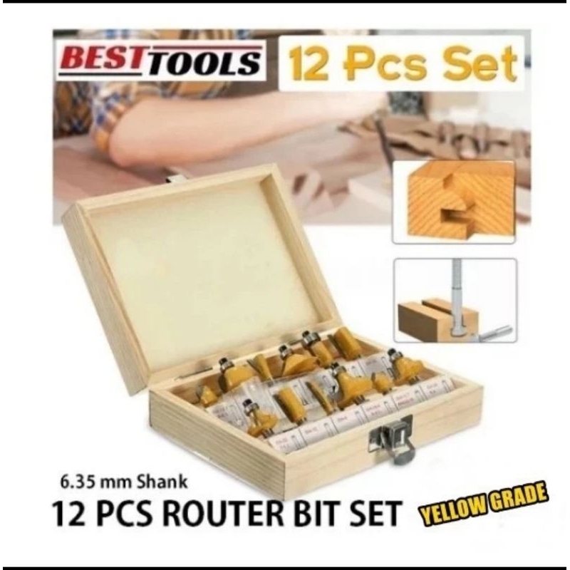 Jual Mata Router Set 12 pcs Mata Profil Bit Set Trimmer 1/4" WOODEN BOX ...