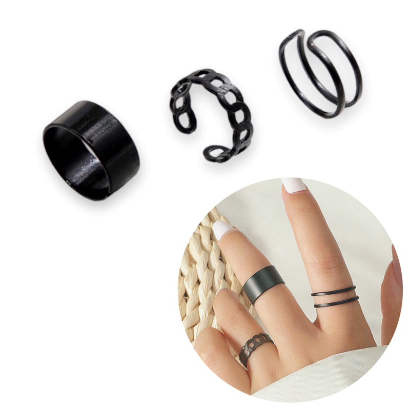 Jual Set Cincin (3 Buah) Geometri Chain Black Ring Hitam Retro Punk ...