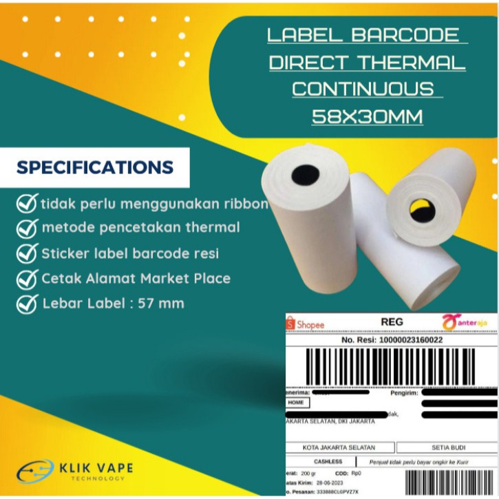 Jual TERMURAH STIKER Label Barcode Direct Thermal Continuous 58X30MM ...