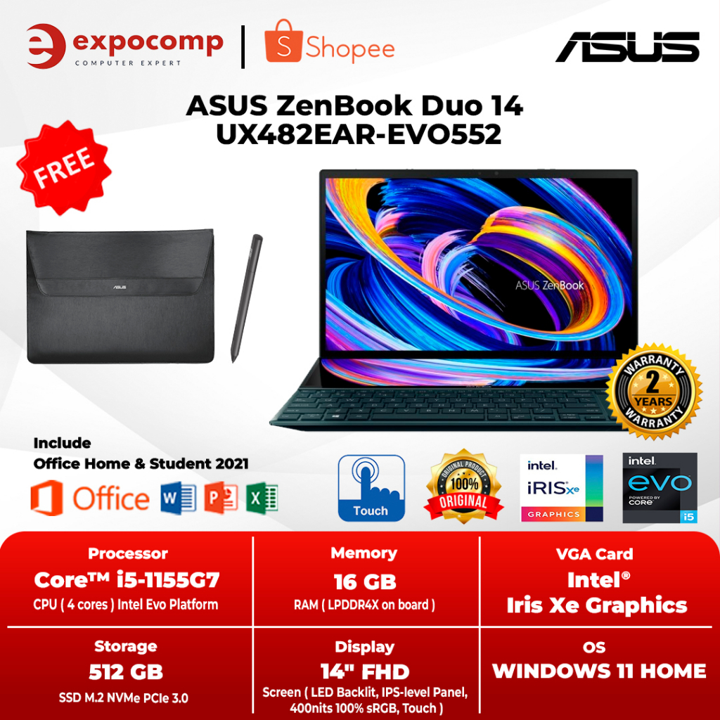Jual ASUS ZenBook Duo 14 UX482EAR-EVO552 CORE i5-1155G7 16GB 512GB WIN11+OHS BLUE | Shopee Indonesia