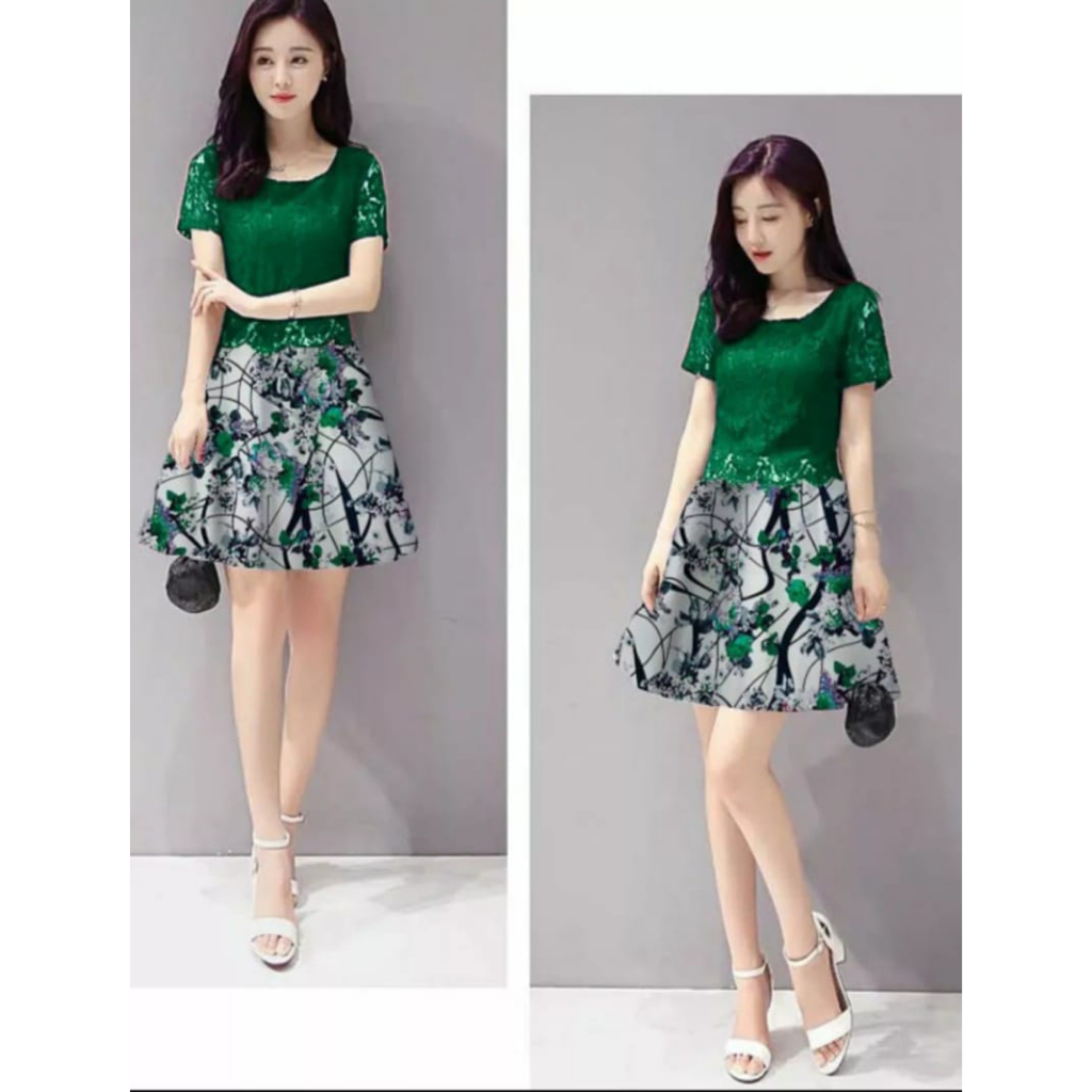 Jual Dress Kondangan Remaja Wanita Dewasa Kekinian Baju Dress Brukat Batik Midi Dres Brokat Tile ...