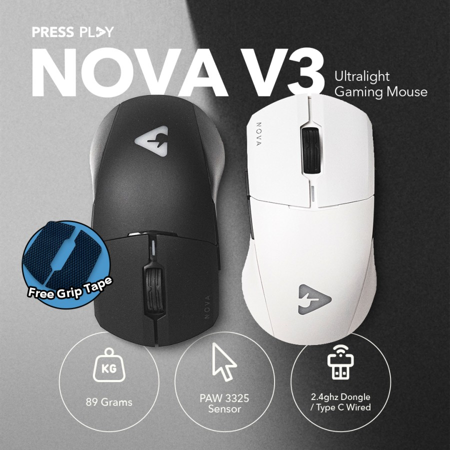 Jual Mouse Gaming Press Play NOVA V3 | Wireless 2.4Ghz PMW3325 89g | Shopee Indonesia