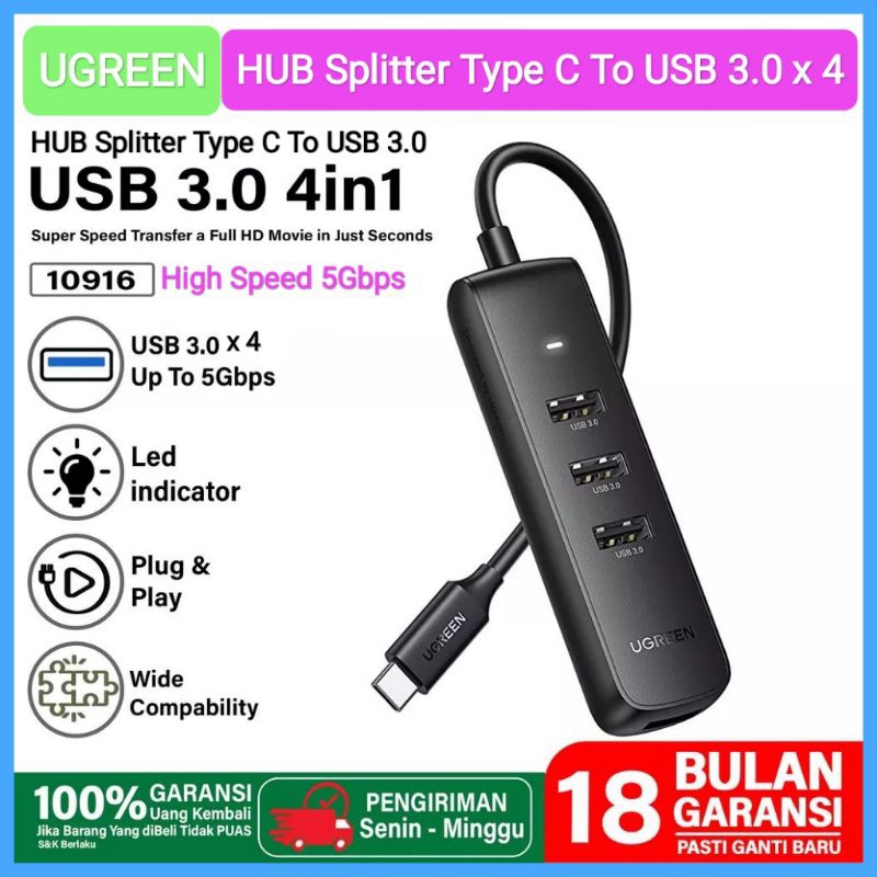 Jual Ugreen USB C HUB Splitter Type C To 4 Port USB 3.0 High Speed 5Gbps Ultra Mini | Shopee ...