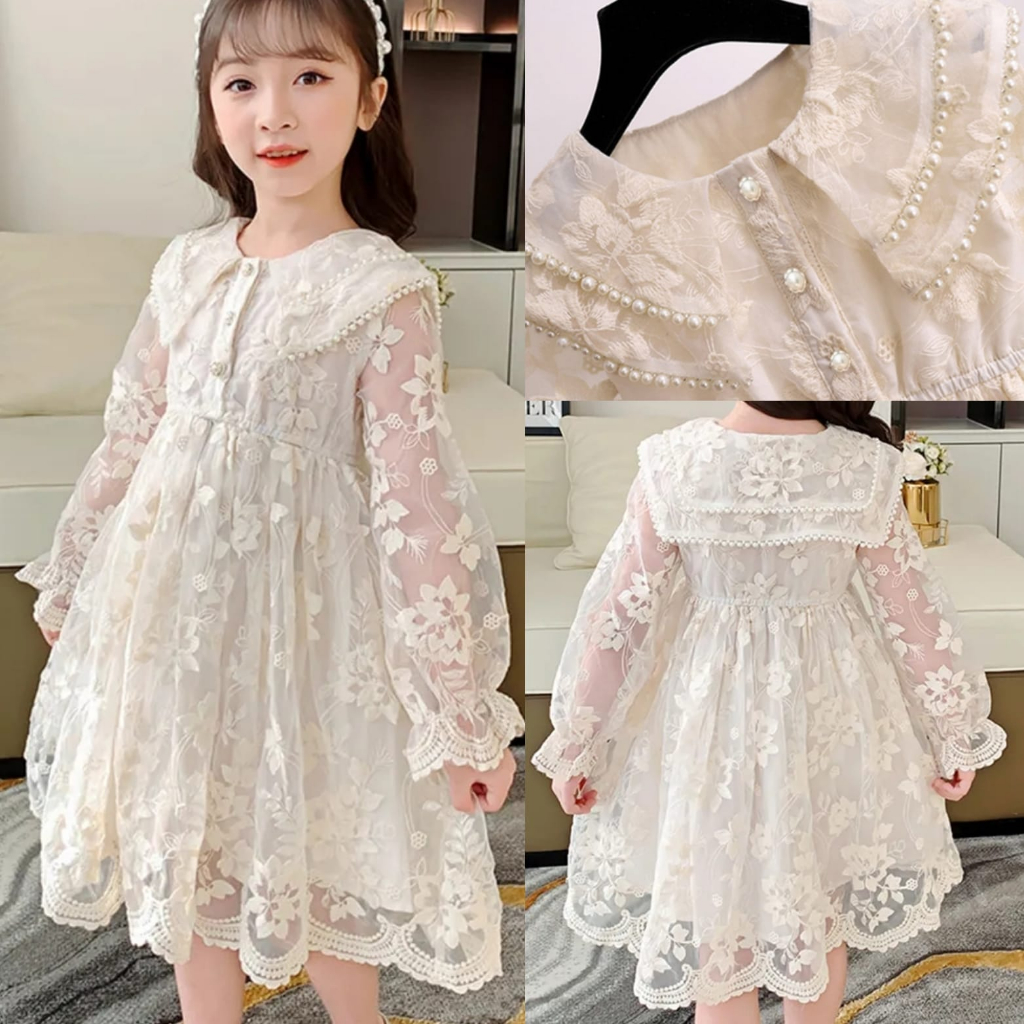Jual Dress brukat putih anak 4-10th lengan panjang gaun lace brokat ...