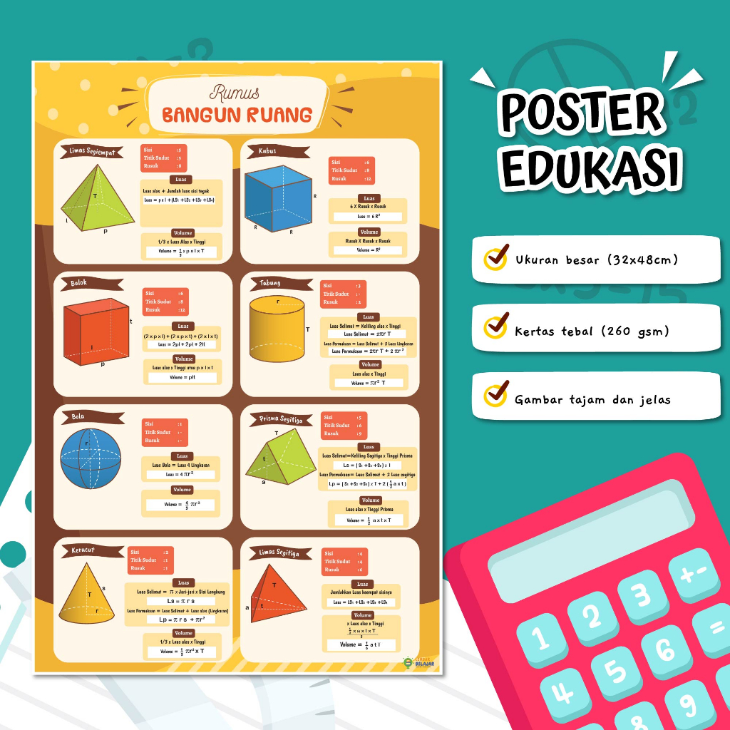 Jual Lembar Belajar Poster Rumus Matematika - Poster Rumus Bangun Ruang - Poster Belajar ...