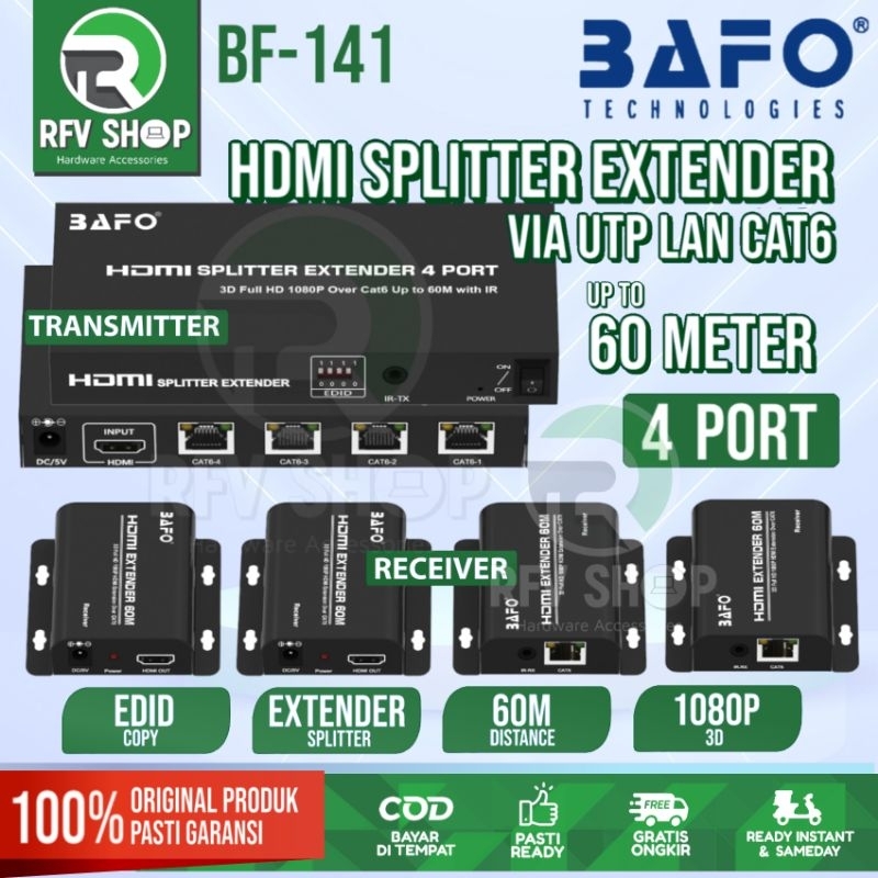 Jual BAFO HDMI Splitter Extender 4 Port via UTP CAT6 up to 60 Meter BF ...