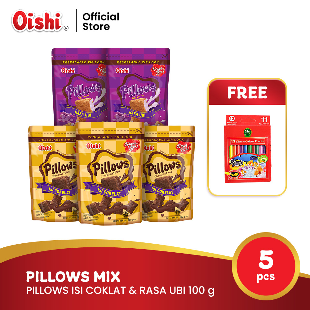 Jual Oishi Pillows Mix Coklat dan Ubi (5 pcs) + FREE Pensil Warna ...