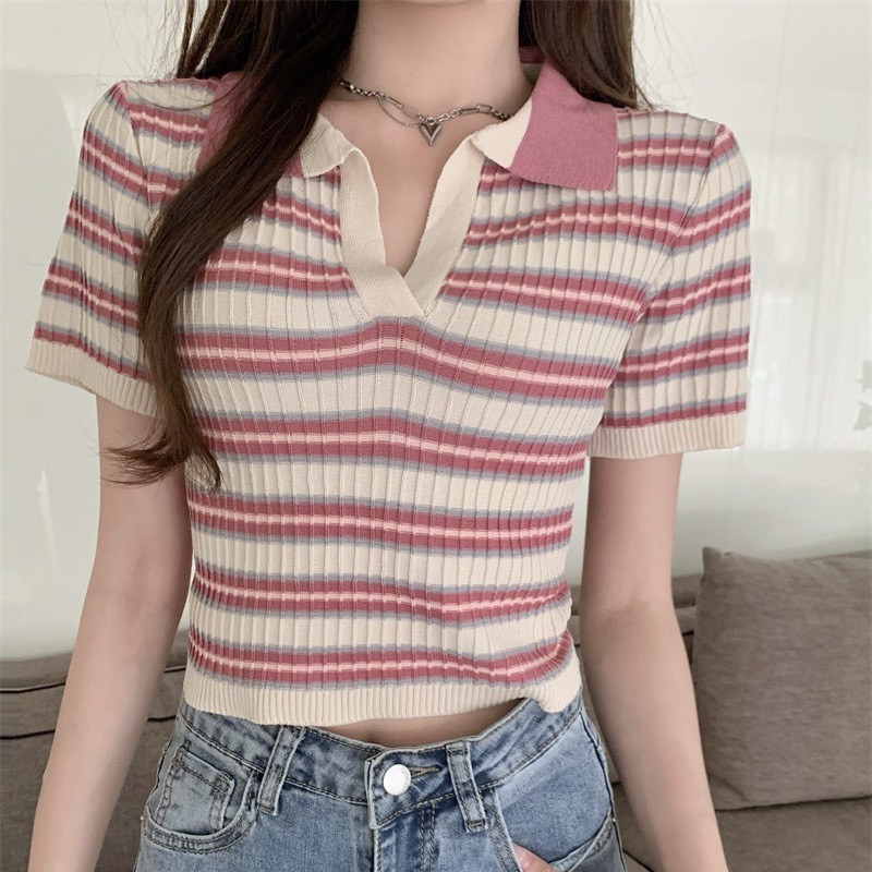 Jual Atasan Rajut Lengan Pendek Salur Garis Garis Wanita Premium | Baju ...